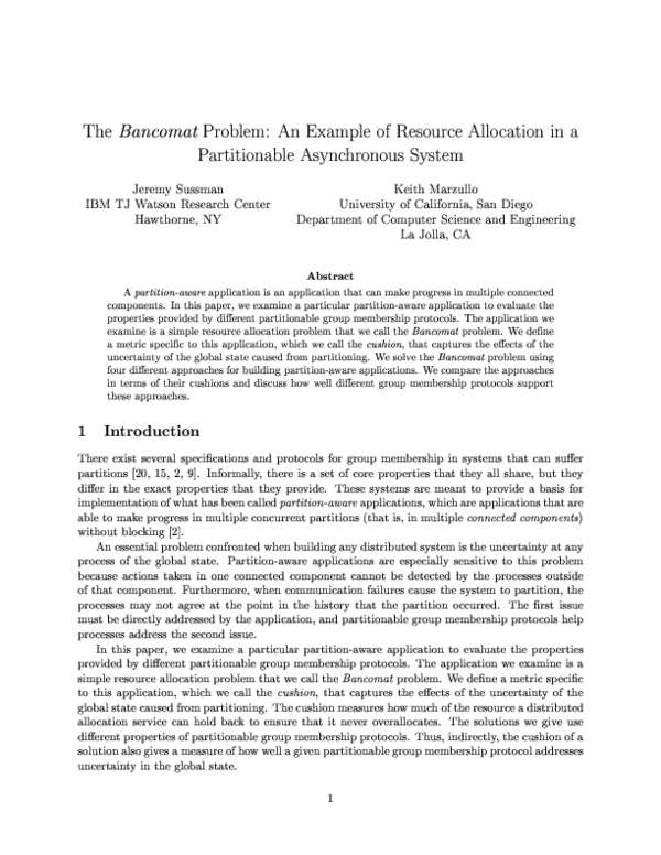 (PDF) The Bancomat problem: an example of resource allocation in a partitionable asynchronous system
