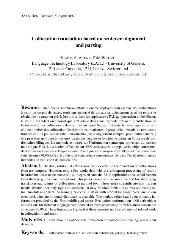 (PDF) Collocation translation based on sentence alignment and parsing