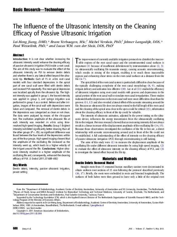 (PDF) The Influence of the Ultrasonic Intensity on the Cleaning Efficacy of Passive Ultrasonic ...