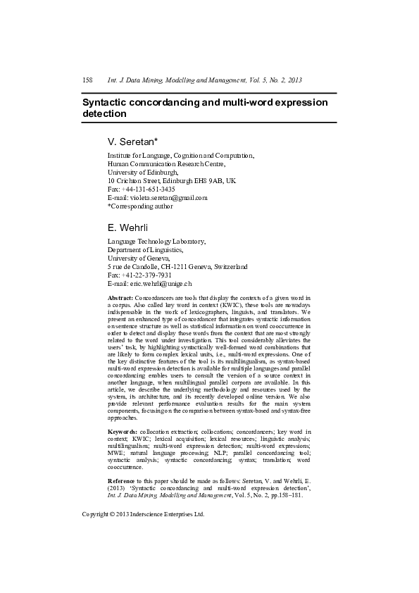 Pdf Syntactic Concordancing And Multi Word Expression Detection