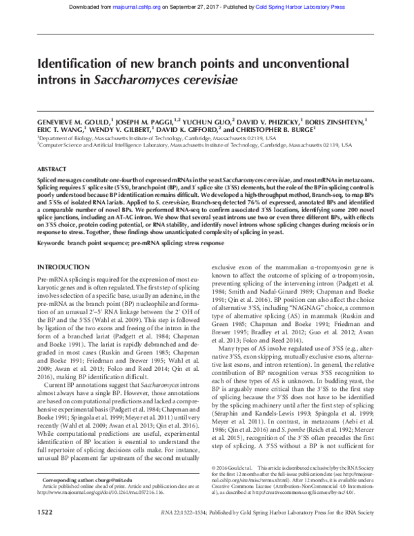 (PDF) Identification of new branch points and unconventional introns ...