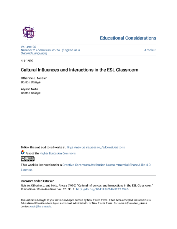 (PDF) Cultural Influences and Interactions in the ESL Classroom