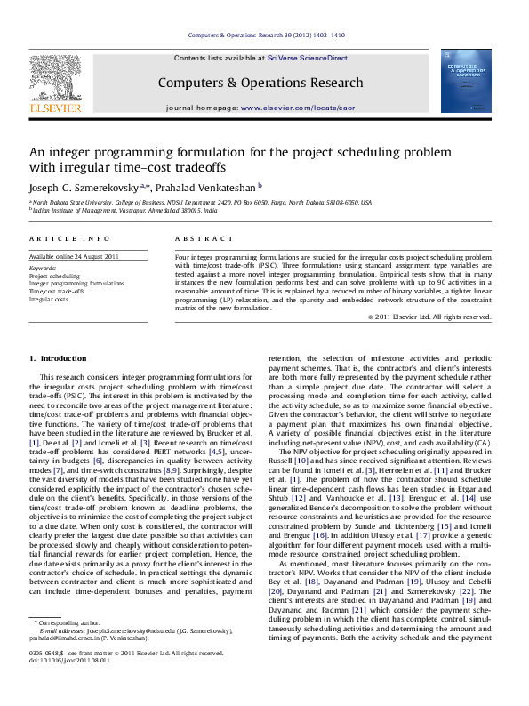 Pdf An Integer Programming Formulation For The Project Scheduling Problem With Irregular Time
