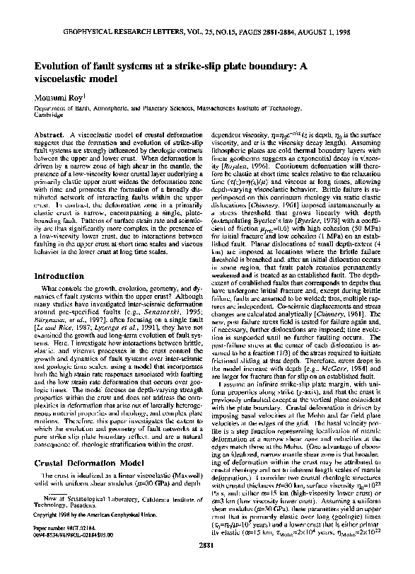 Pdf Evolution Of Fault Systems At A Strike Slip Plate Boundary A Viscoelastic Model