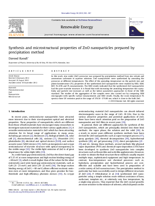 (PDF) Synthesis and microstructural properties of ZnO nanoparticles prepared by precipitation method
