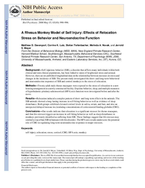 (PDF) A Rhesus Monkey Model of Self-Injury: Effects of Relocation ...