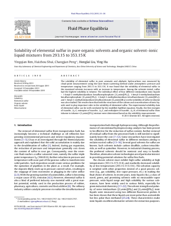 (PDF) Solubility of elemental sulfur in pure organic solvents and ...