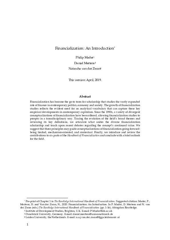(PDF) Financialization: An Introduction
