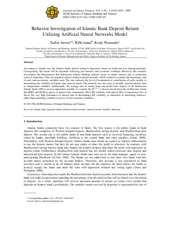 (PDF) Behavior Investigation of Islamic Bank Deposit Return Utilizing Artificial Neural Networks ...