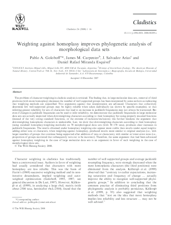 (PDF) Weighting against homoplasy improves phylogenetic analysis of morphological data sets