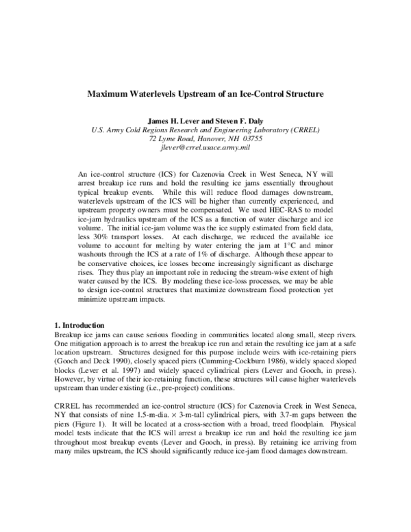 (PDF) Maximum Waterlevels Upstream of an Ice-Control Structure