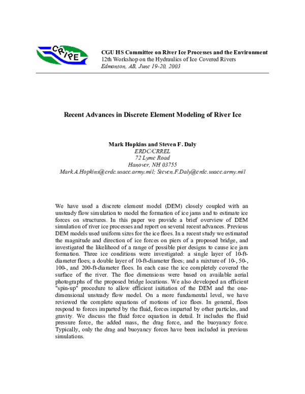 (PDF) Recent advances in discrete element modeling of river ice