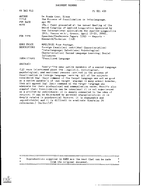 (PDF) The Process of Fossilization in Interlanguage