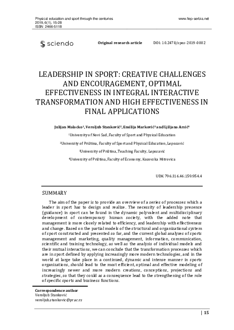 (PDF) Leadership in Sport: Creative Challenges and Encouragement ...