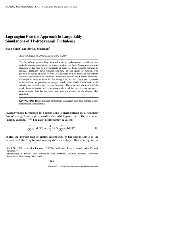 (PDF) Lagrangian Particle Approach to Large Eddy Simulations of ...