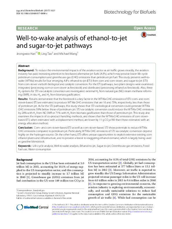 (PDF) Well-to-wake analysis of ethanol-to-jet and sugar-to-jet pathways