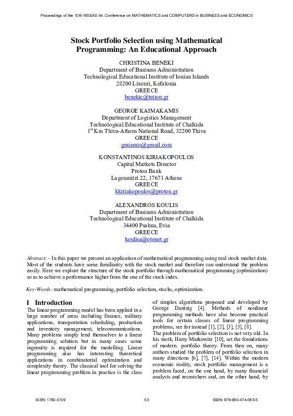 (PDF) Stock portfolio selection using mathematical programming: an ... (PDF) Stock portfolio selection using mathematical programming: an ...
