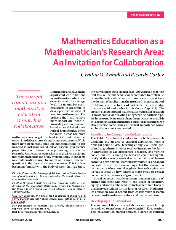 (PDF) Mathematics Education as a Mathematician's Research Area: An ...