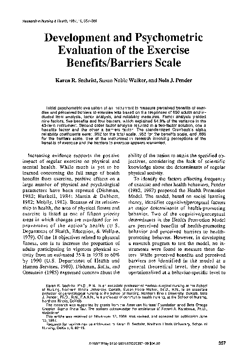 (PDF) Development and psychometric evaluation of the exercise benefits/barriers scale