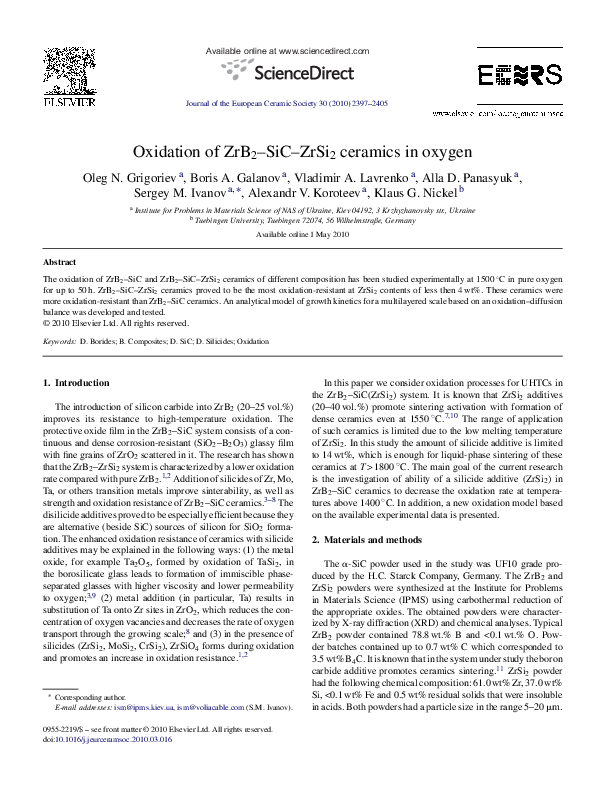 (PDF) Oxidation of ZrB2-SiC-ZrSi2 ceramics in oxygen
