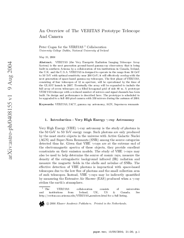 (PDF) An Overview of the Veritas Prototype Telescope and Camera | Peter ...