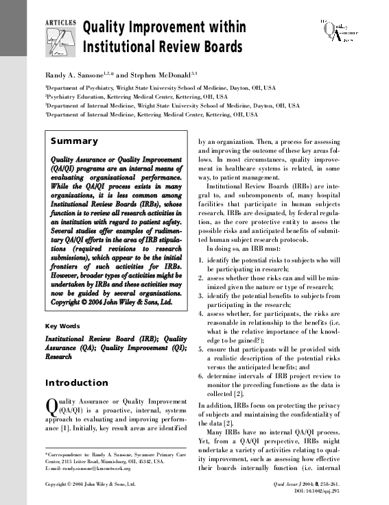 (PDF) Quality improvement within Institutional Review Boards