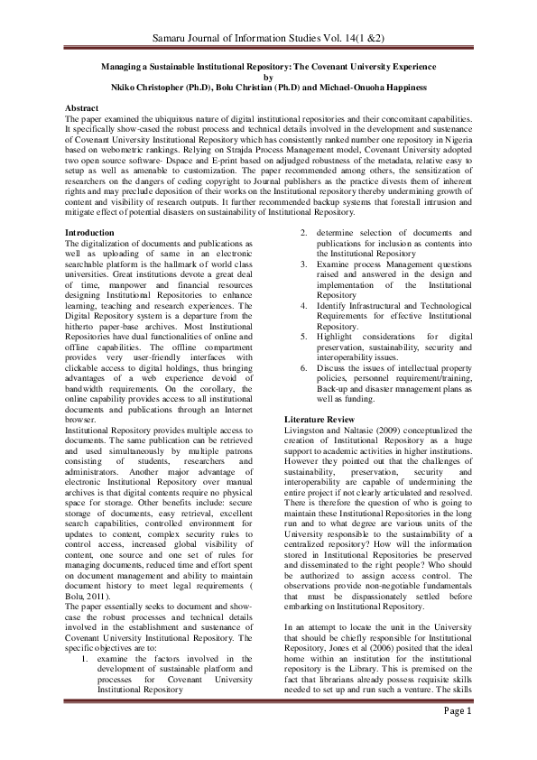 (PDF) Managing a Sustainable Institutional Repository: The Doğuş ...