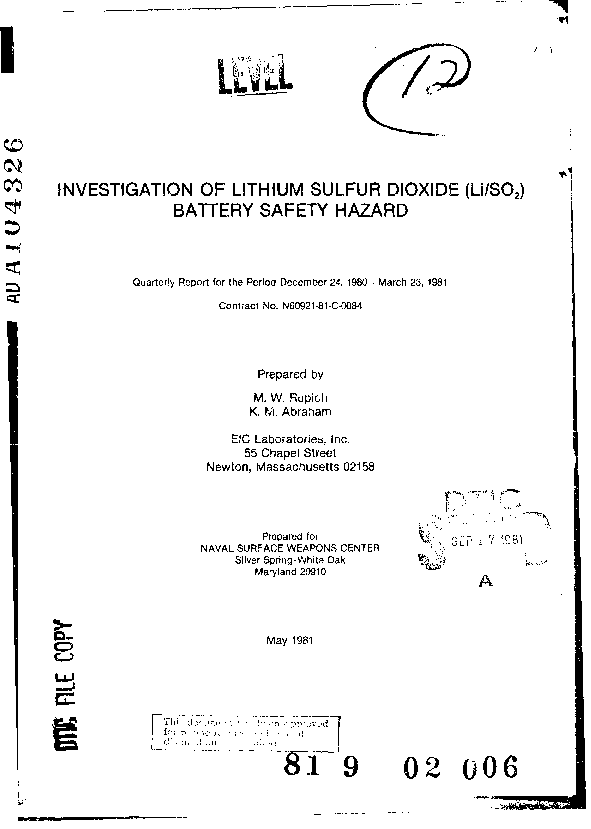 (PDF) Investigation of Lithium Sulfur Dioxide (Li/SO2) Battery Safety ...
