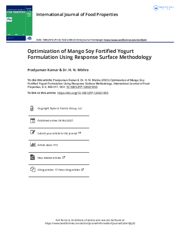 (PDF) Optimization of Mango Soy Fortified Yogurt Formulation Using ...