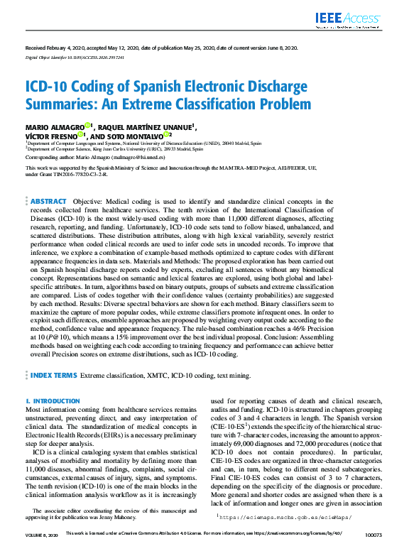 (PDF) ICD-10 Coding of Spanish Electronic Discharge Summaries: An Extreme Classification Problem ...