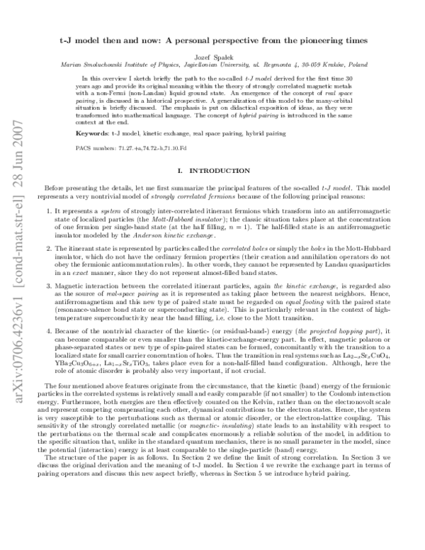 (PDF) t-J Model Then and Now: a Personal Perspective from the ...