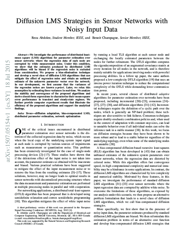Pdf Diffusion Lms Strategies In Sensor Networks With Noisy Input Data
