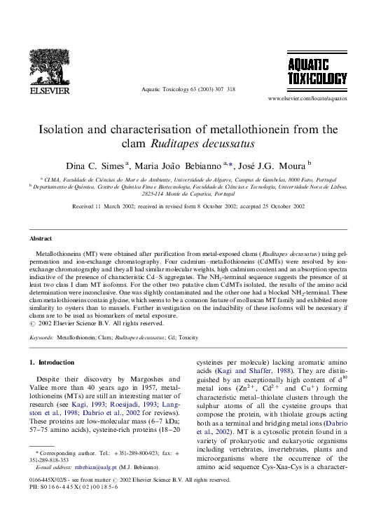(PDF) Isolation and characterisation of metallothionein from Cd-exposed ...