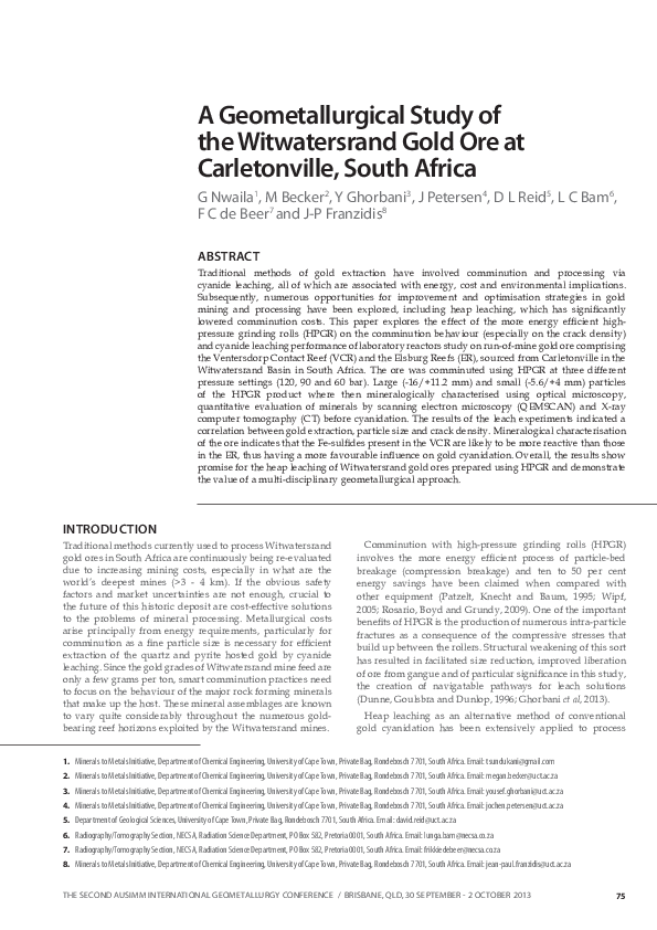 (PDF) A Geometallurgical Study of the Witwatersrand Gold Ore at Carletonville, South Africa