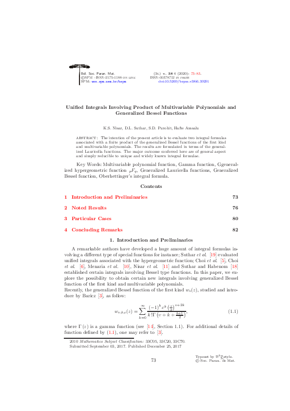 Pdf Unified Integrals Involving Product Of Multivariable Polynomials And Generalized Bessel