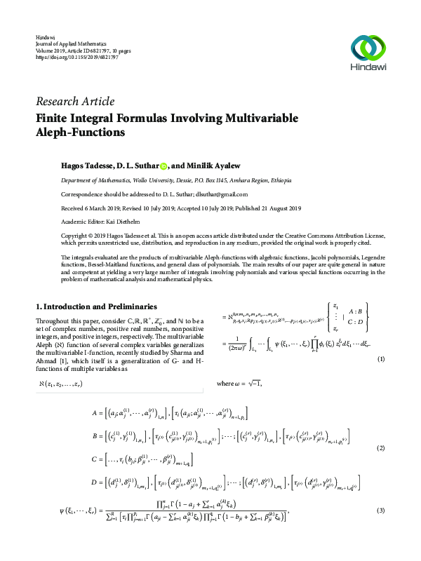 (PDF) Finite Integral Formulas Involving Multivariable Aleph-Functions