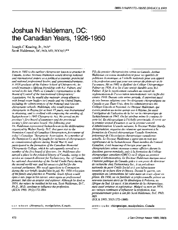 (PDF) Joshua N Haldeman, DC: the Canadian Years, 1926-1950