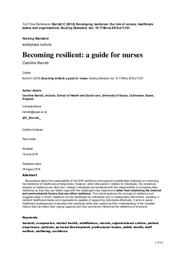 (PDF) Developing resilience: the role of nurses, healthcare teams and ...