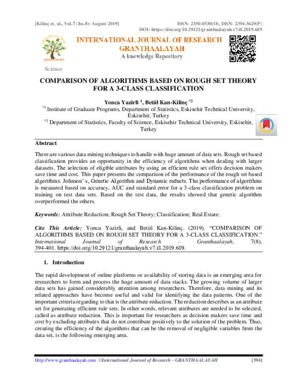 Pdf Comparison Of Algorithms Based On Rough Set Theory For A 3 Class