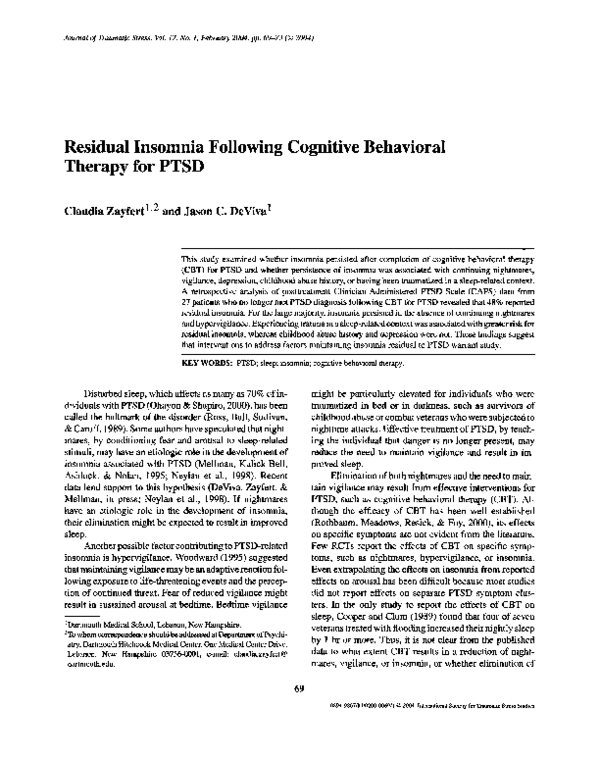 Pdf Residual Insomnia Following Cognitive Behavioral Therapy For Ptsd
