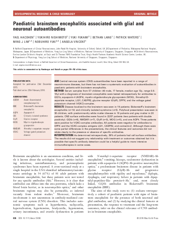 (PDF) Paediatric brainstem encephalitis associated with glial and ...