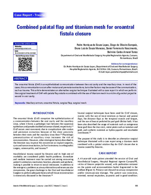 (PDF) Combined palatal flap and titanium mesh for oroantral fistula closure