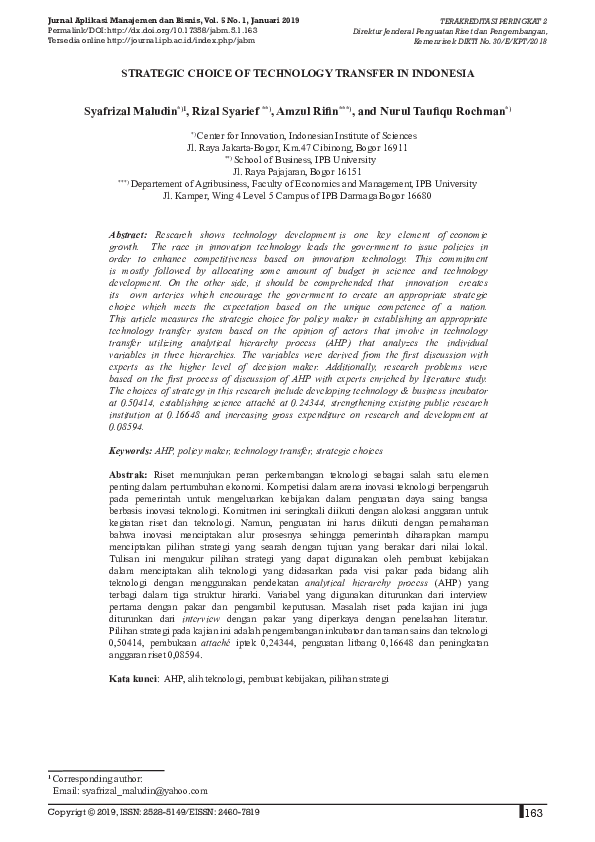 (PDF) Strategic Choice of Technology Transfer in Indonesia