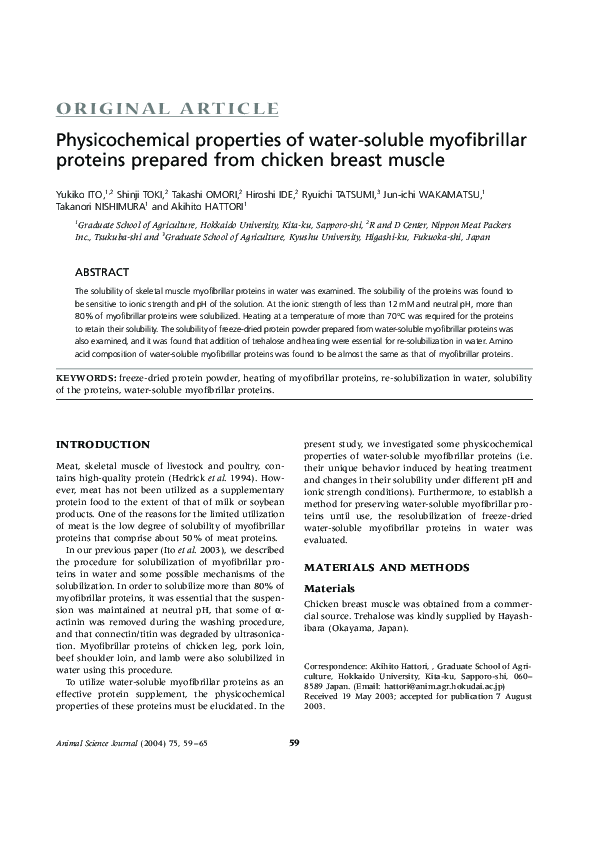 (PDF) Physicochemical properties of water-soluble myofibrillar proteins prepared from chicken ...