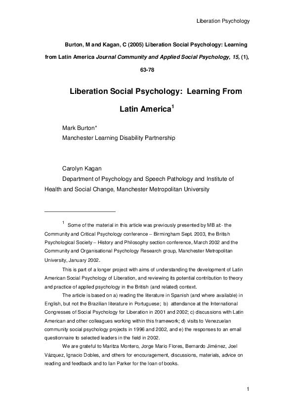 (PDF) Liberation social psychology: learning from Latin America
