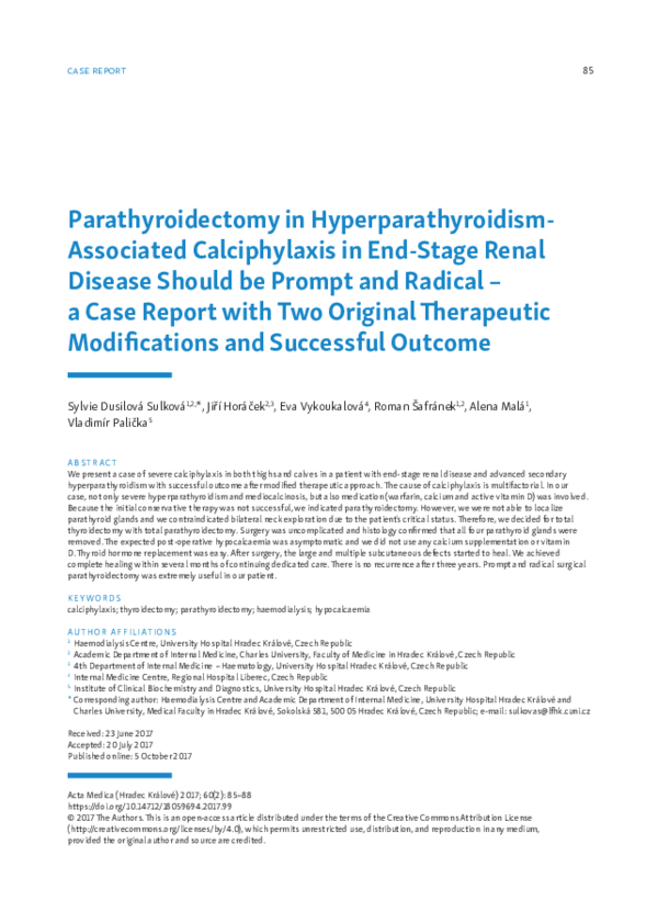 (PDF) Parathyroidectomy in Hyperparathyroidism-Associated Calciphylaxis in End-Stage Renal ...