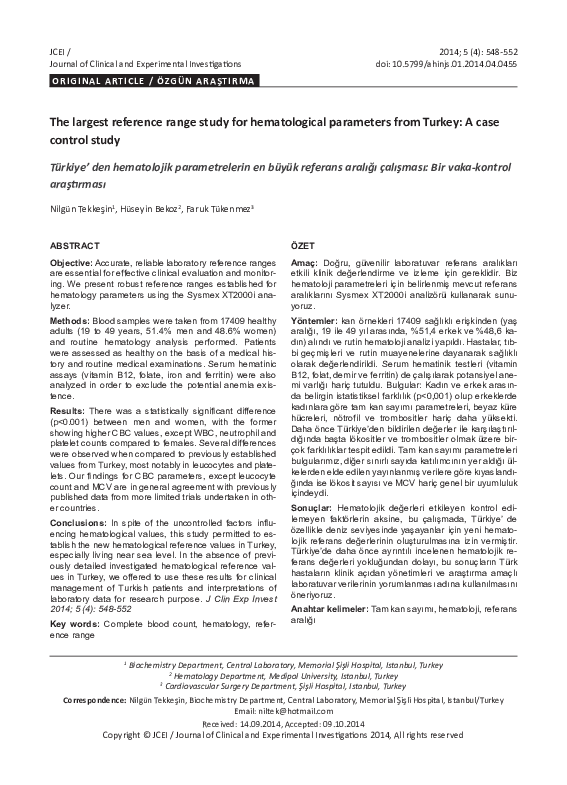 (PDF) The largest reference range study for hematological parameters ...
