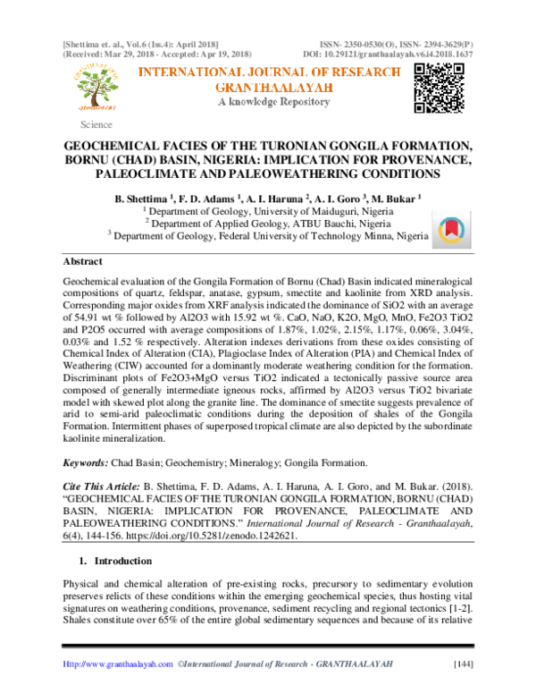 (PDF) Geochemical Facies of the Turonian Gongila Formation, Bornu (Chad ...
