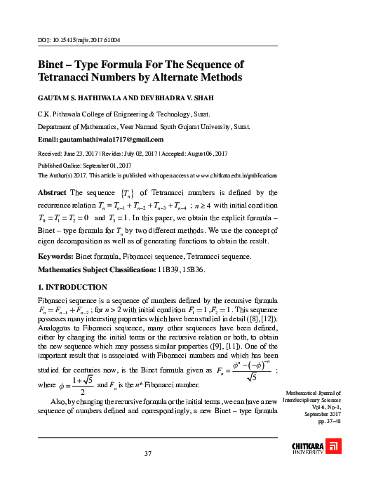 (PDF) Binet – Type Formula For The Sequence of Tetranacci Numbers by ...