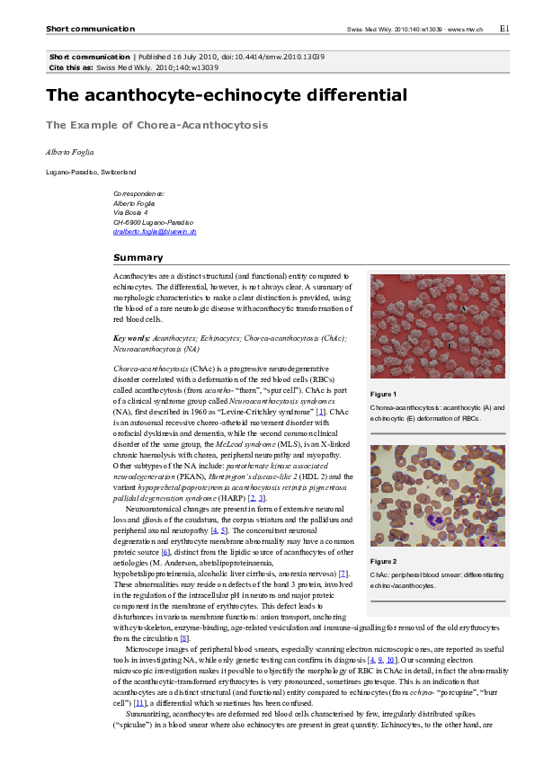 (PDF) The acanthocyte-echinocyte differential | Alberto Foglia ...